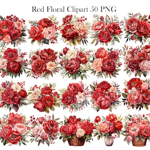Red Flower Clipart, Watercolor Red Floral PNG Bundle, Wedding Bouquet ...
