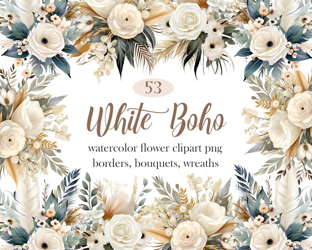 Boho Flower PNG, Watercolor White Flower Clipart, Flower Border, Floral ...