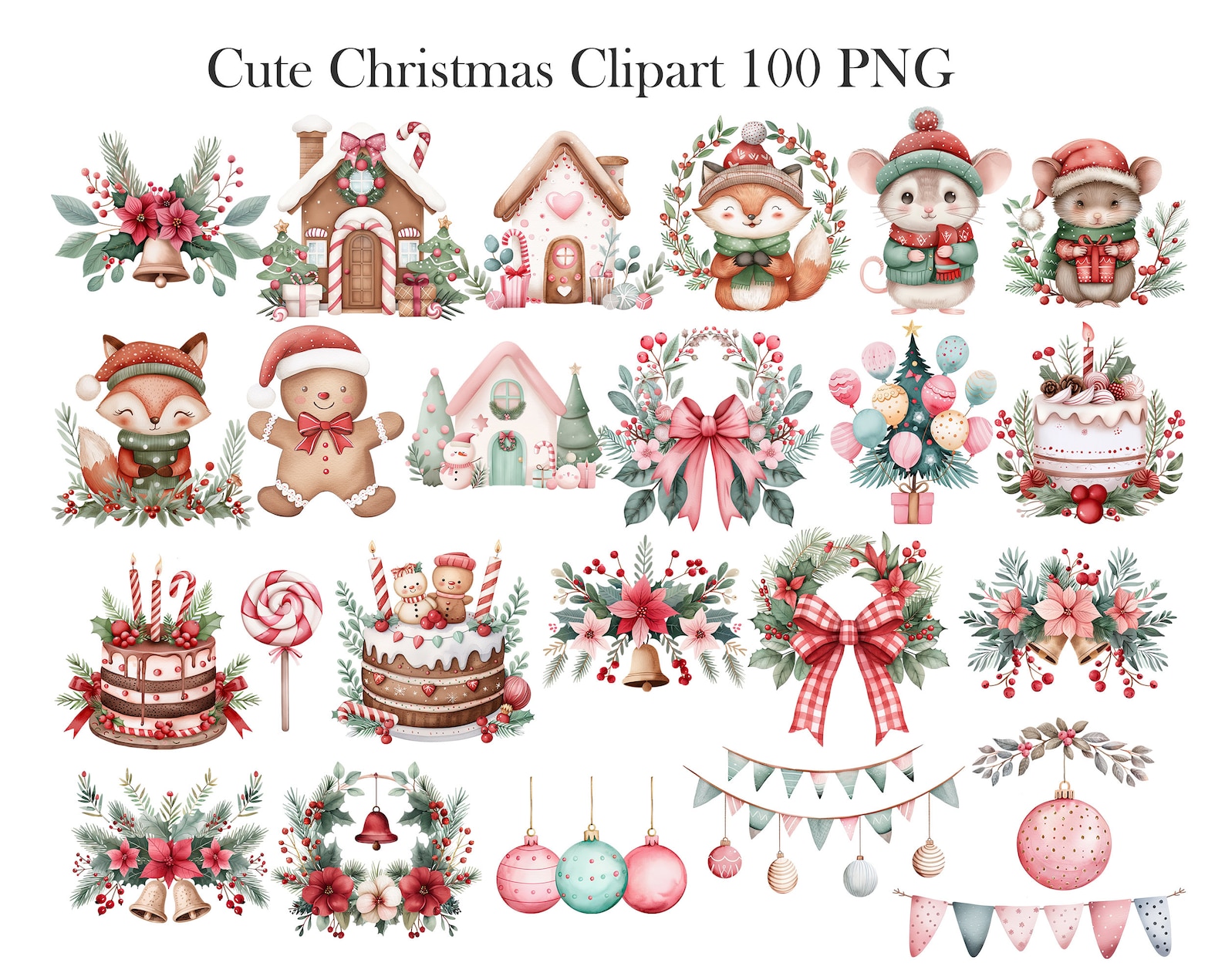 Cute Christmas Clipart Bundle, Watercolor Christmas PNG, Christmas ...