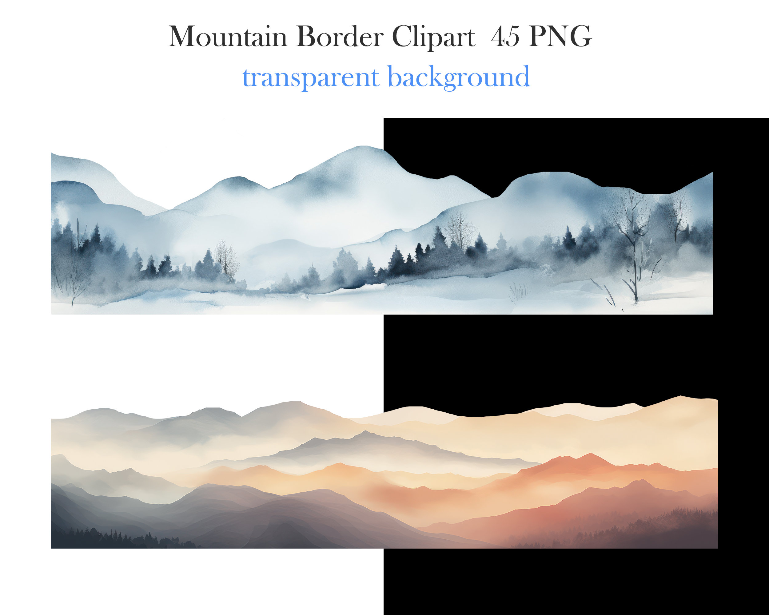 Mountain Clipart, Mountain Border, Mountain PNG, Watercolor Mountain ...