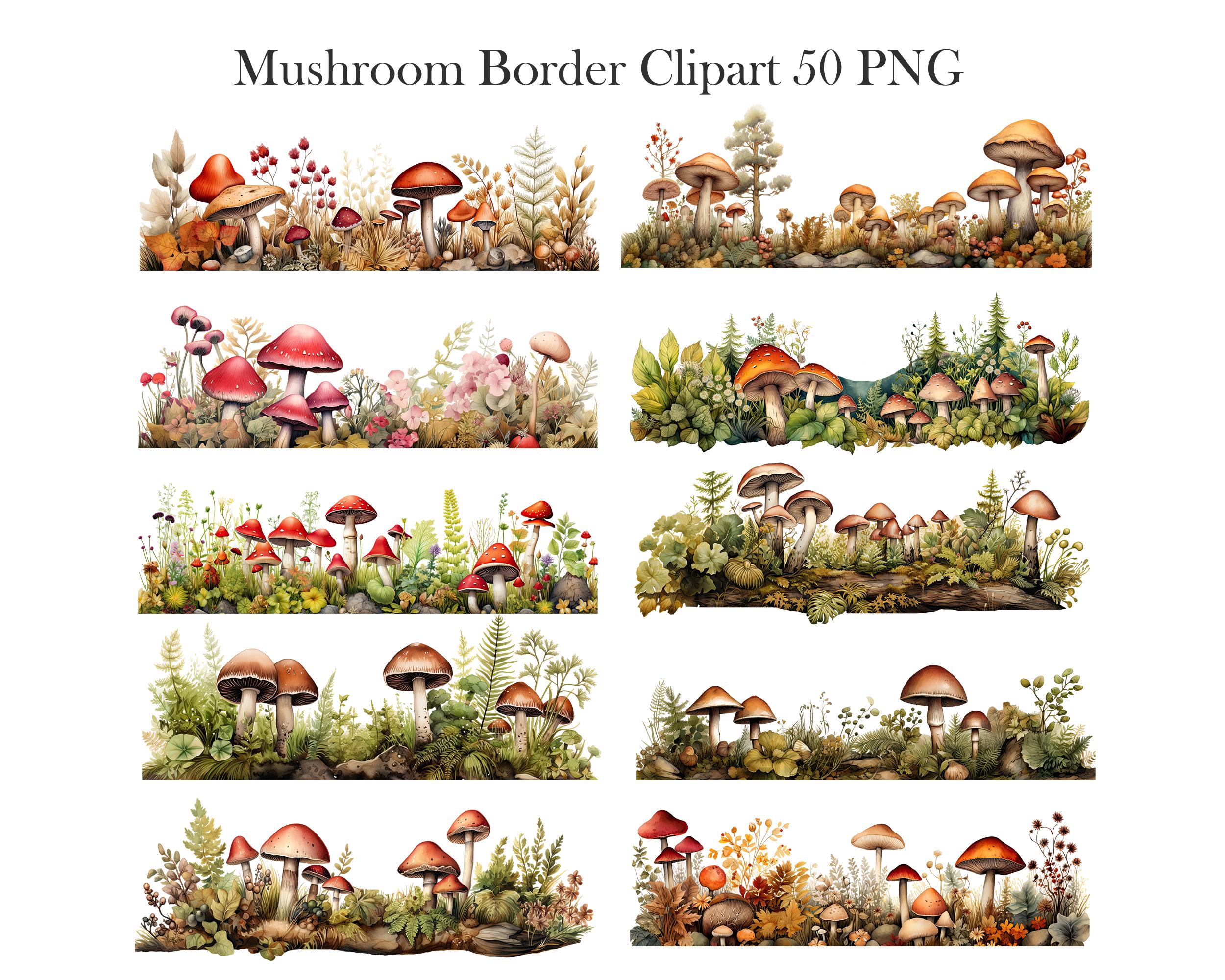 Mushroom Border Clipart, Watercolor Mushroom PNG, Autumn Clipart, Fall ...