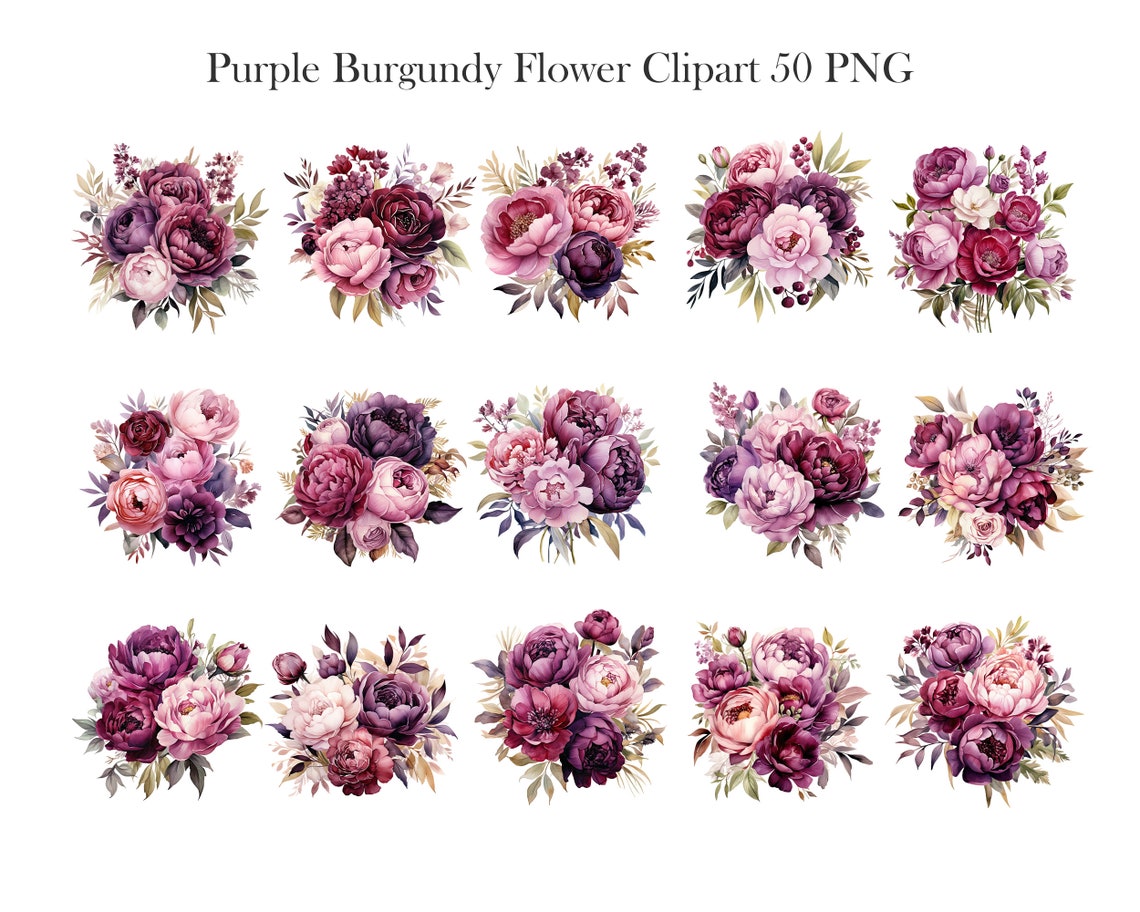 Purple Burgundy Flower Clipart, Watercolor Floral PNG, Wedding Flower ...