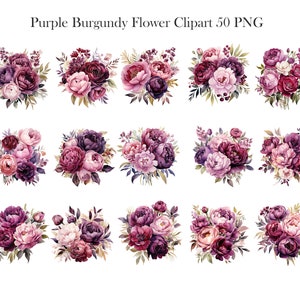 Purple Burgundy Flower Clipart, Watercolor Floral PNG, Wedding Flower ...