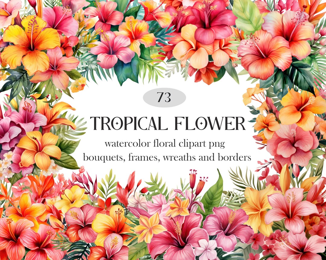 Tropical Flower Clipart, Summer Watercolor Floral PNG, Hibiscus Bouquet ...