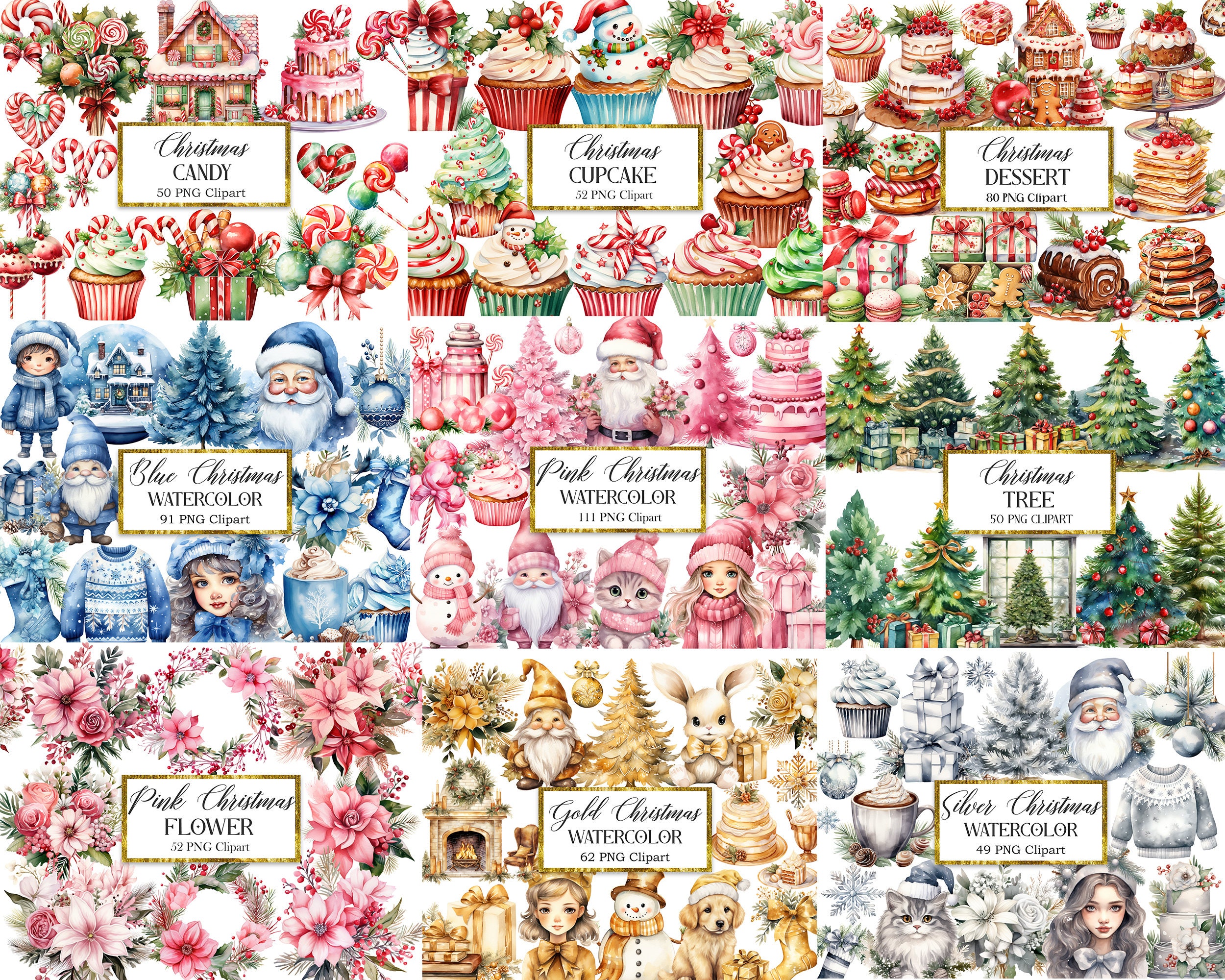 Christmas Clipart Bundle, Watercolor Christmas PNG Bundle, Christmas ...