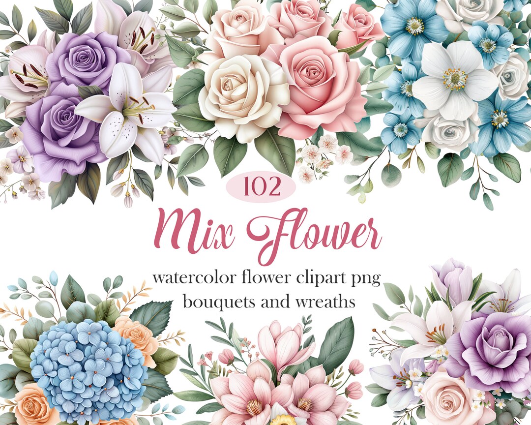 Mix Flower Clipart Bundle, Watercolor Floral PNG, Wedding Bouquet ...