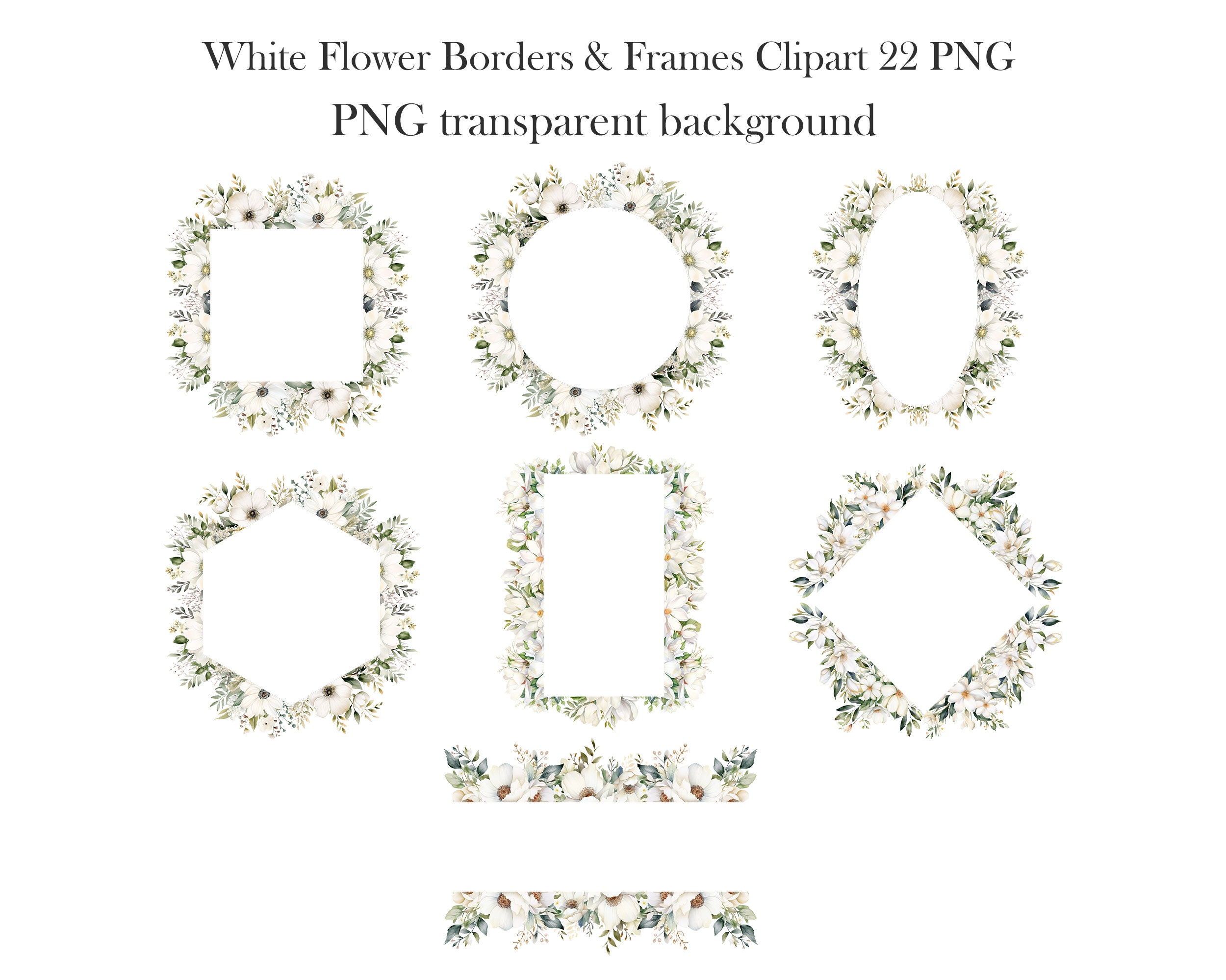 White Flower Border Clipart, Watercolor Floral Clipart Bundle, Wedding ...