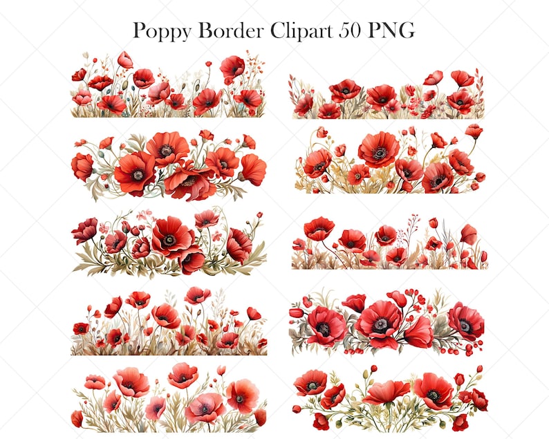 Poppy PNG, Watercolor Poppy Border Clipart, Flower Borders, Digital ...