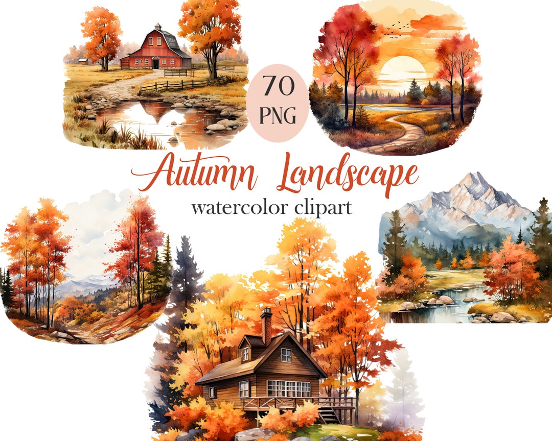 Autumn Landscape Clipart, Watercolor Fall Landscape PNG Bundle, Autumn ...