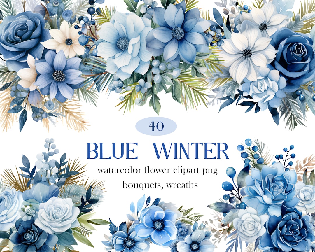 Winter Flower Clipart, Watercolor Blue Floral PNG Bundle, Wedding ...