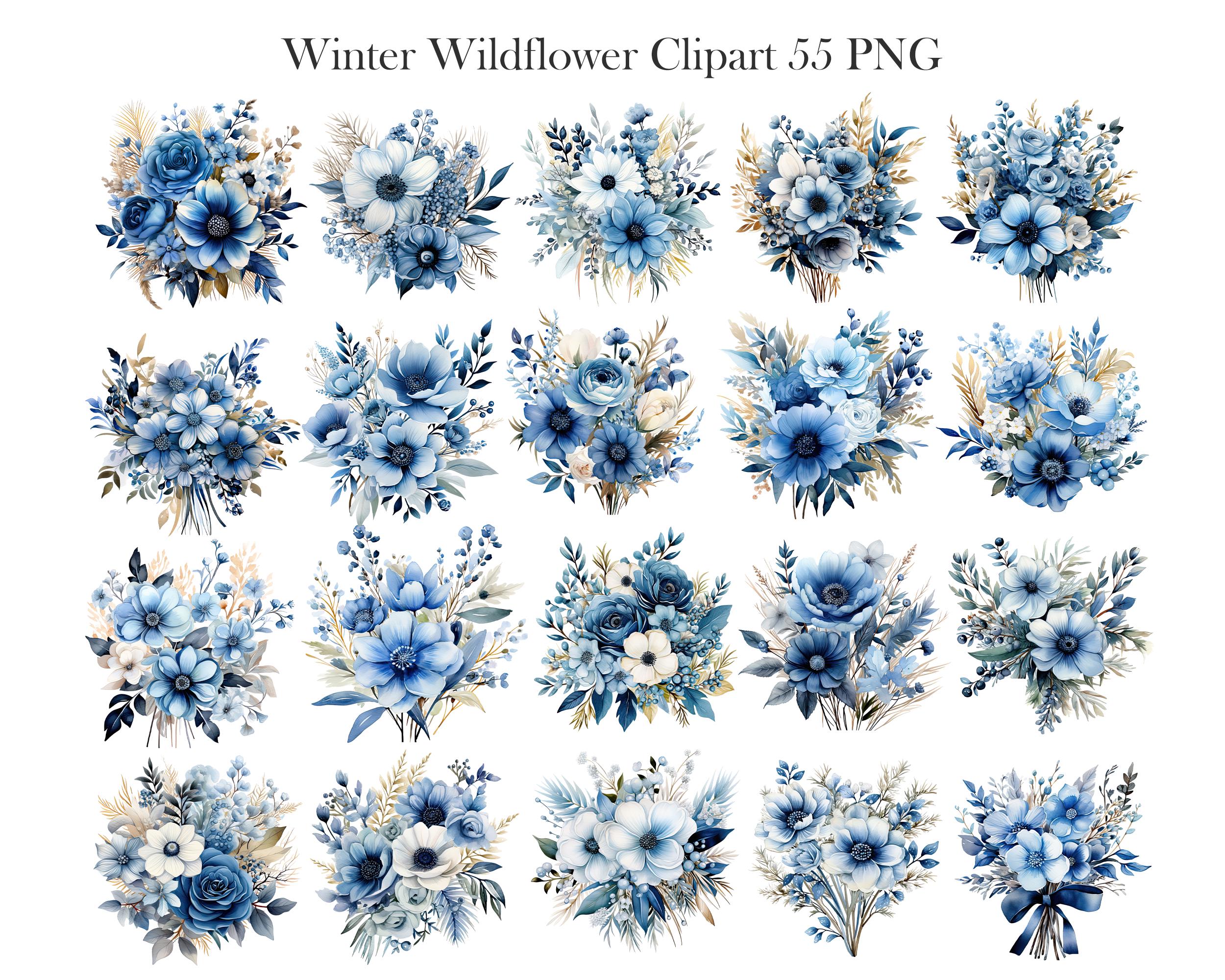 Winter Wildflower PNG, Watercolor Blue Flower Clipart, Flower Border ...
