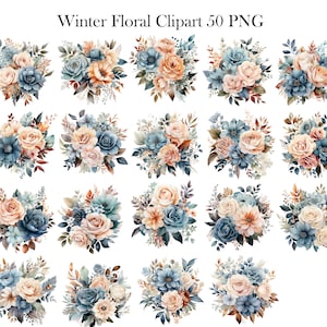 Winter Flower PNG, Watercolor Blue Flower Clipart Bundle, Flower Border ...