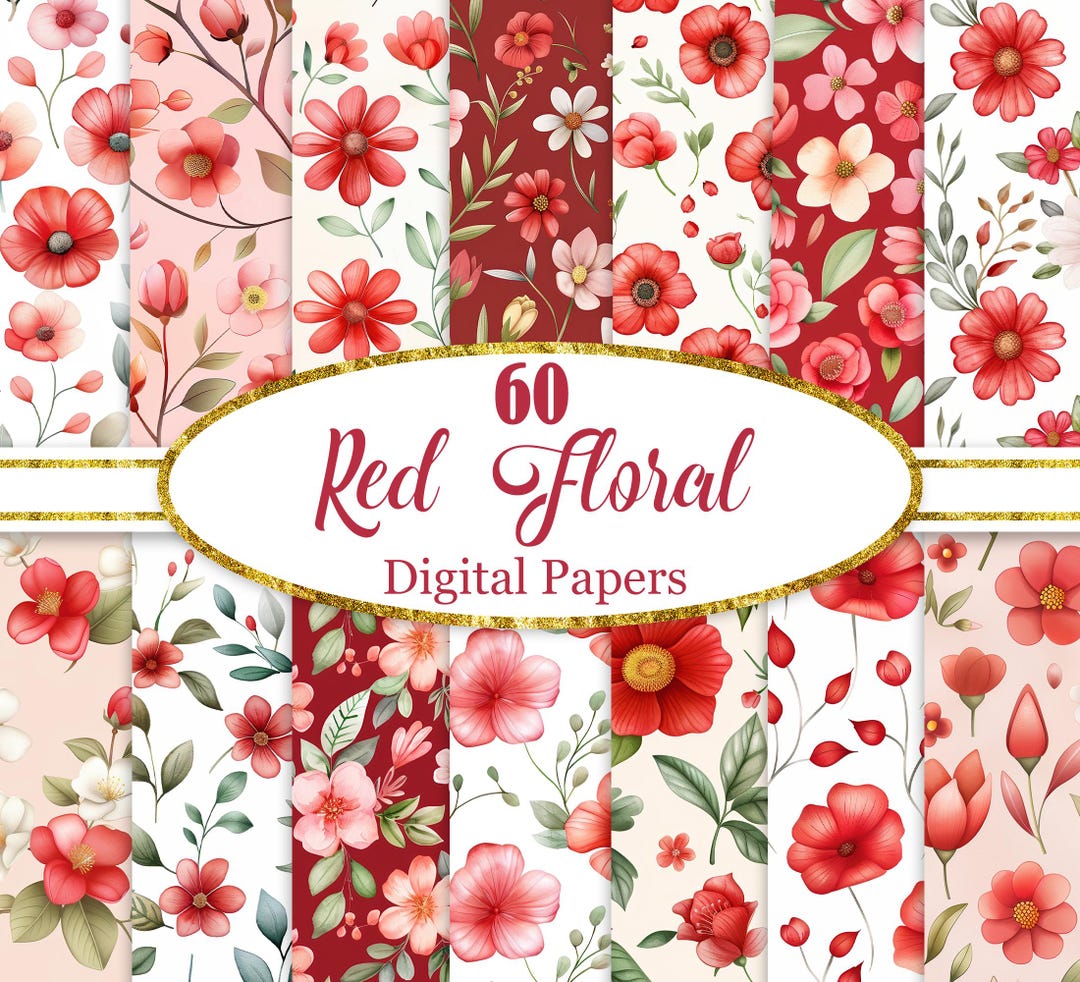 Red Flower Digital Paper, Watercolor Red Floral Background, Spring ...