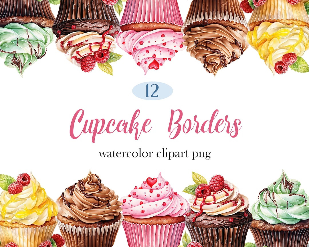 Cupcake Border Clipart, Watercolor Dessert Borders PNG, Digital Download - Etsy