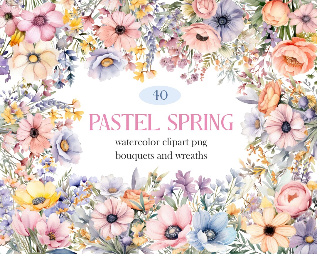 Pastel Spring Floral Clipart, Watercolor Flower Clipart Bundle, Wedding ...