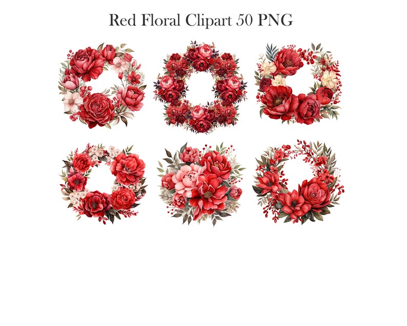 Red Flower Clipart, Watercolor Red Floral PNG Bundle, Wedding Bouquet ...