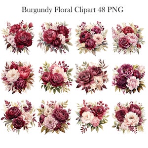 Burgundy Flower Clipart, Watercolor Burgundy Floral PNG, Wedding Flower ...