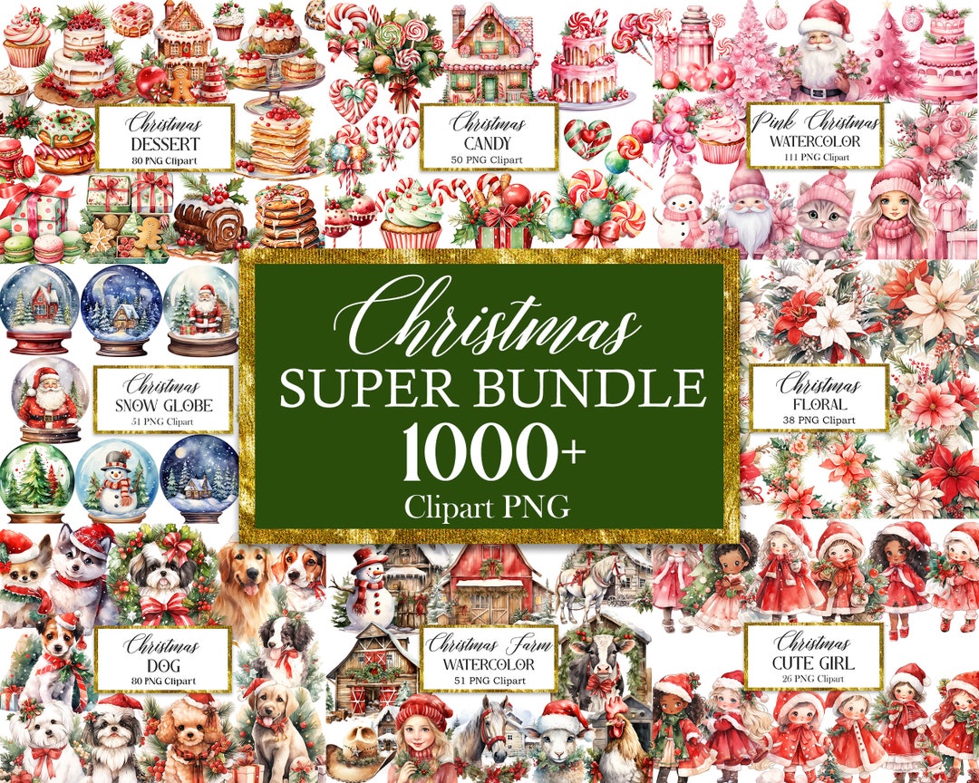 Christmas Clipart Bundle, Watercolor Christmas PNG Bundle, Christmas ...