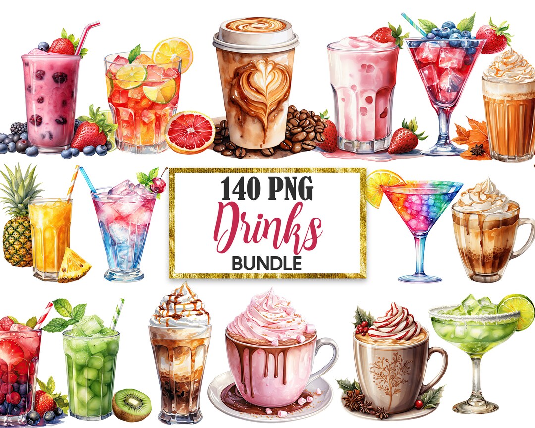 Drinks Clipart Bundle, Watercolor Drinks PNG, Drinks Sublimation ...