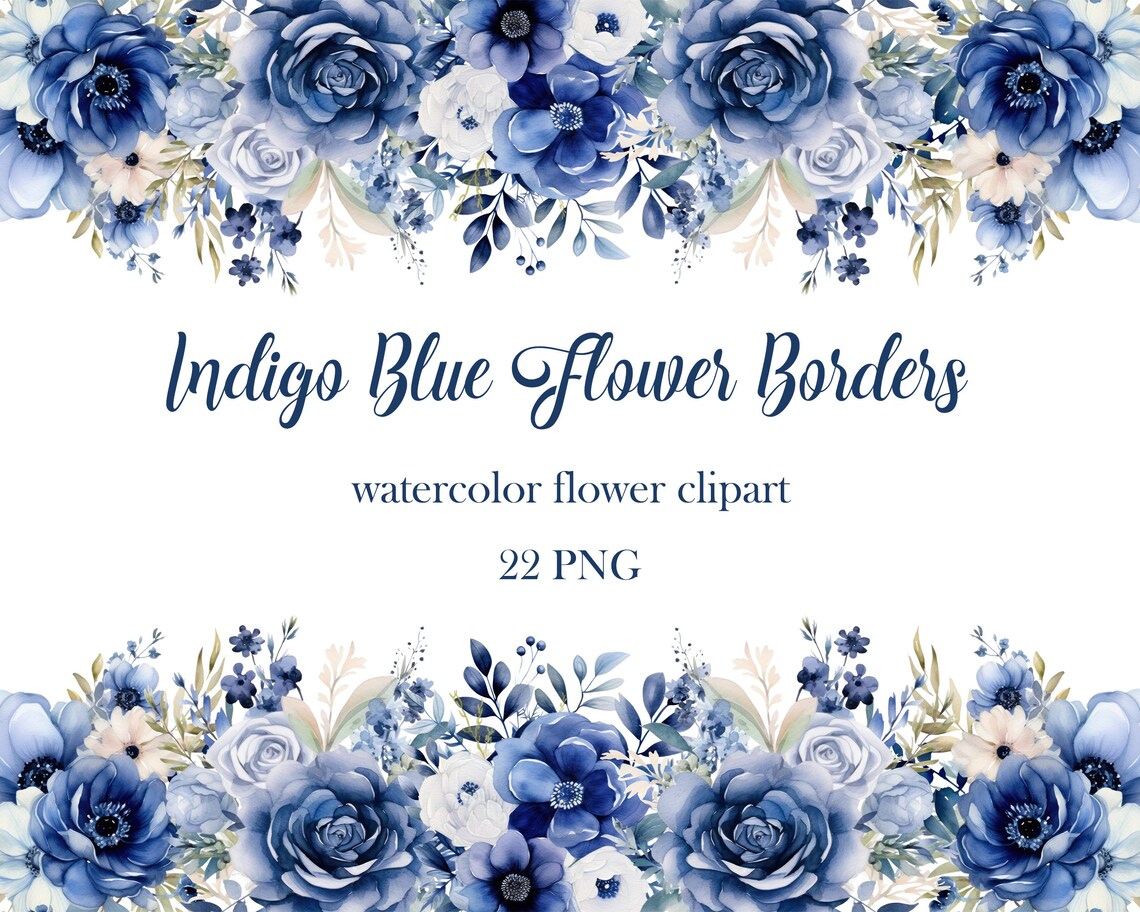 Indigo Blue Flower Border Clipart, Watercolor Flower Borders PNG Bundle ...