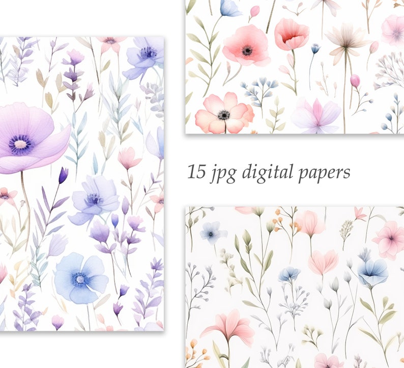 Wildflower Digital Paper Bundle, Watercolor Flower Background ...