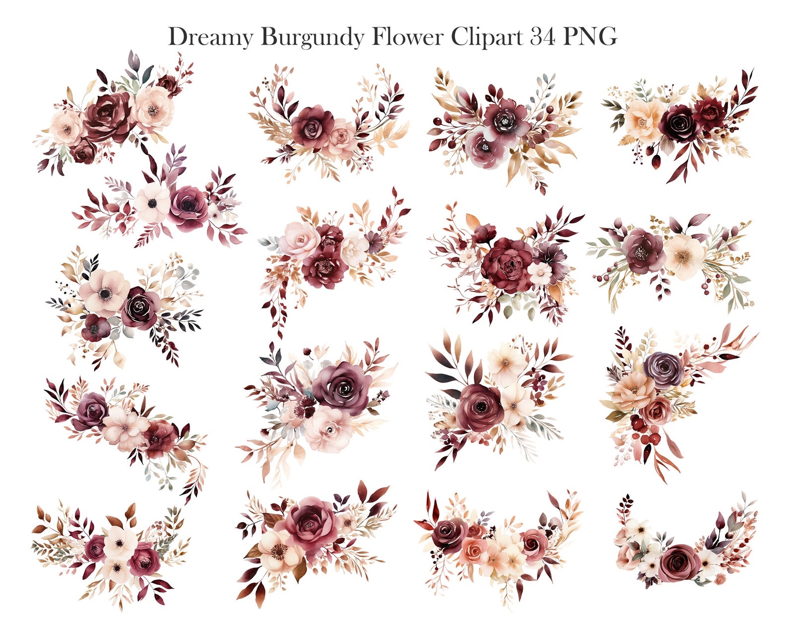 Burgundy Flower PNG, Watercolor Burgundy Floral Clipart Bundle, Wedding ...