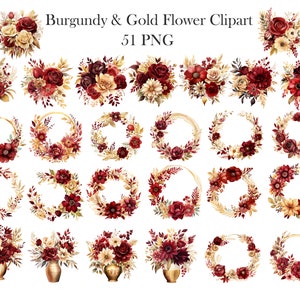 Burgundy Flower PNG, Watercolor Burgundy Gold Floral Clipart Bundle ...