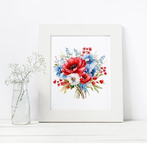 Blue Red Flower PNG, Watercolor Red Blue Floral Clipart Bundle, Flowers ...