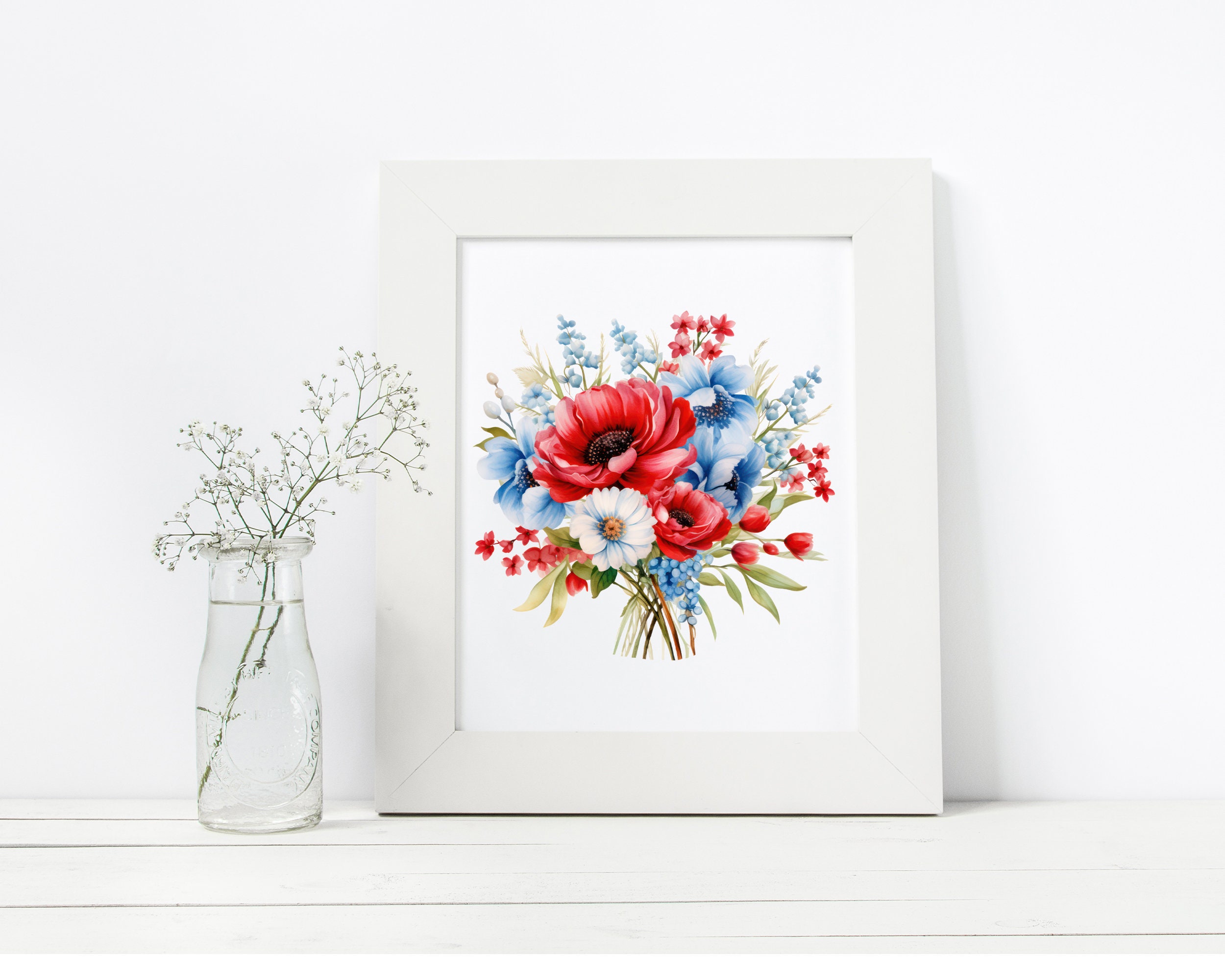 Blue Red Flower PNG, Watercolor Red Blue Floral Clipart Bundle, Flowers ...