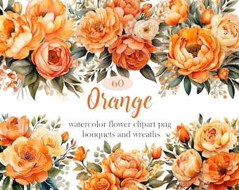 Orange Floral PNG, Watercolor Orange Flower Clipart Bundle, Bouquet ...