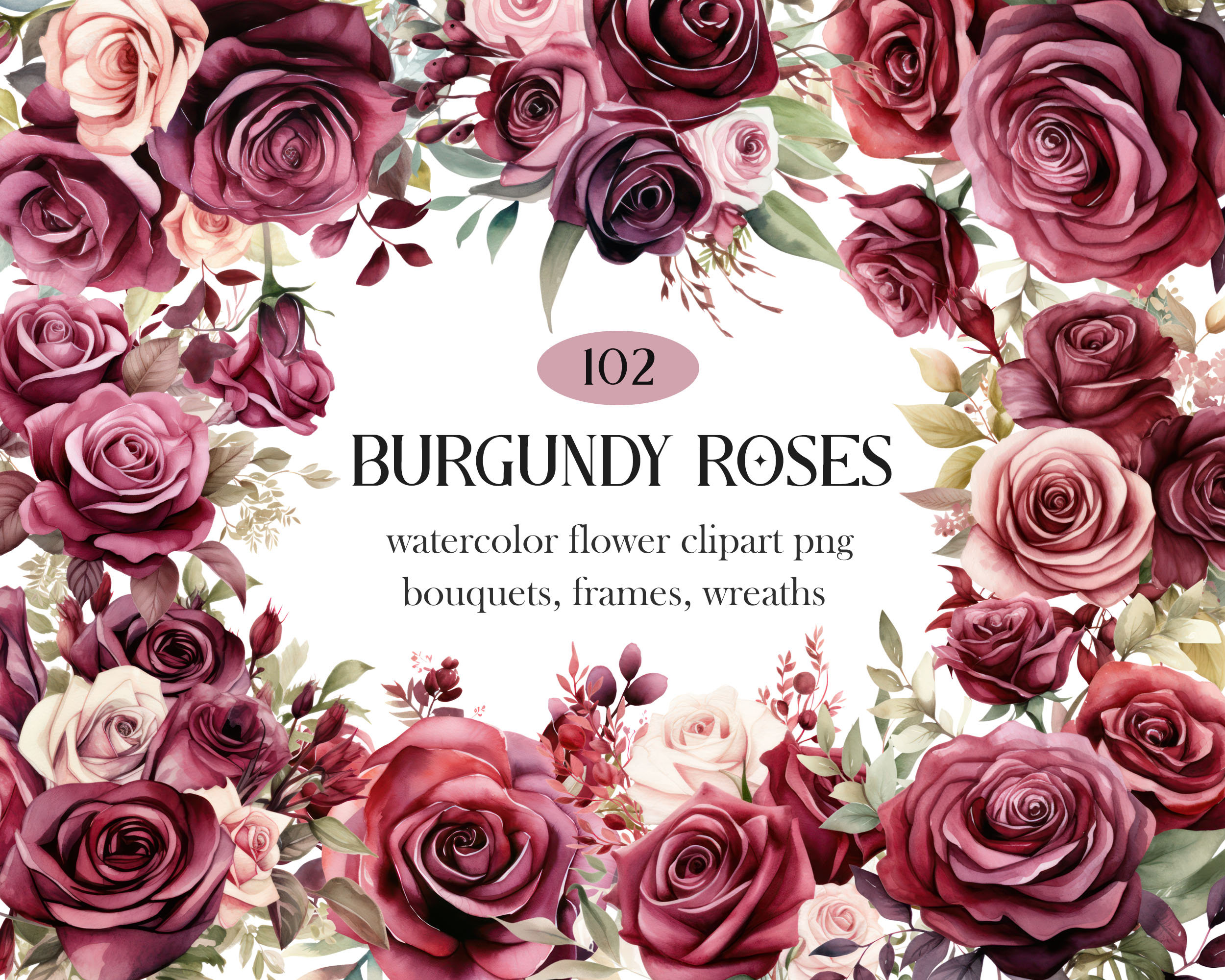 Burgundy Rose PNG, Watercolor Burgundy Rose Clipart Bundle, Wedding ...