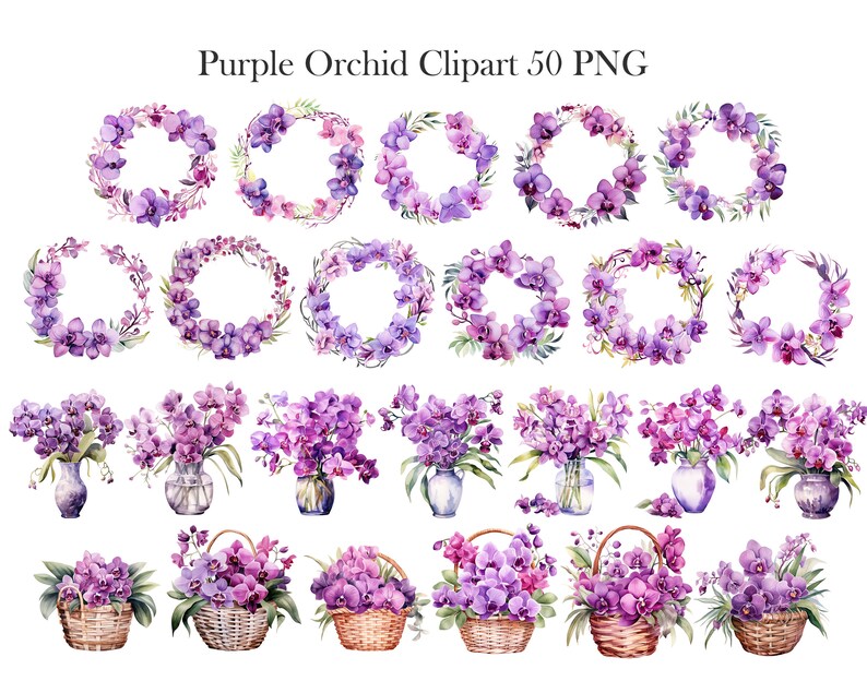 Purple Orchid Clipart Bundle, Watercolor Orchid PNG, Flower Bouquet Wreath, Orchid Sublimation ...