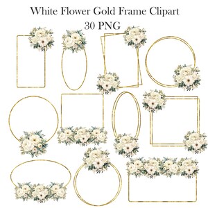 White Flower Frame Clipart, Watercolor White Floral Gold Frame PNG ...