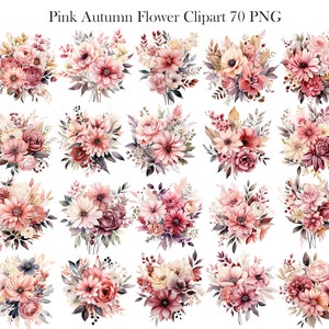 Pink Autumn Flower PNG, Watercolor Fall Flower Clipart Bundle, Wreath ...