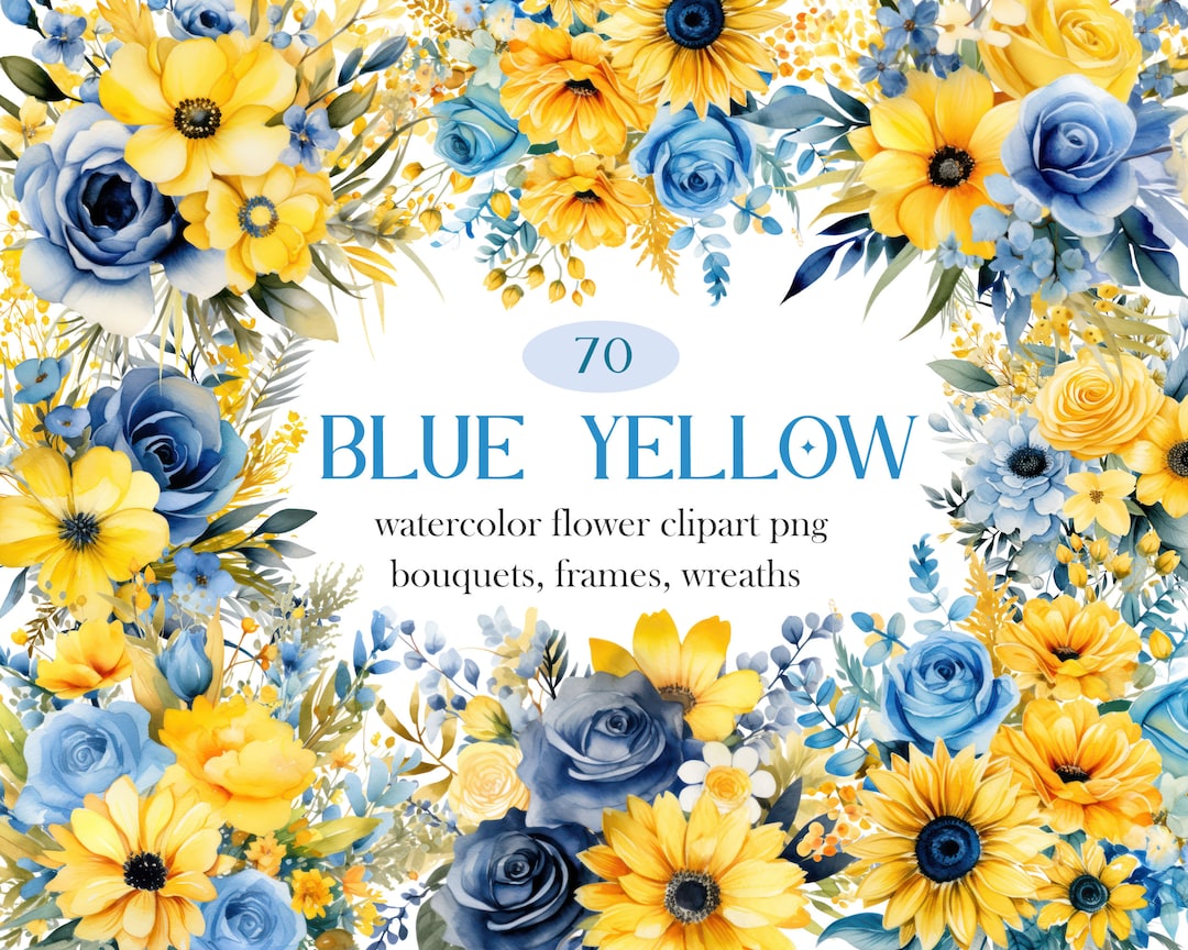 Blue Yellow Flower PNG, Watercolor Floral Clipart Bundle, Wedding ...