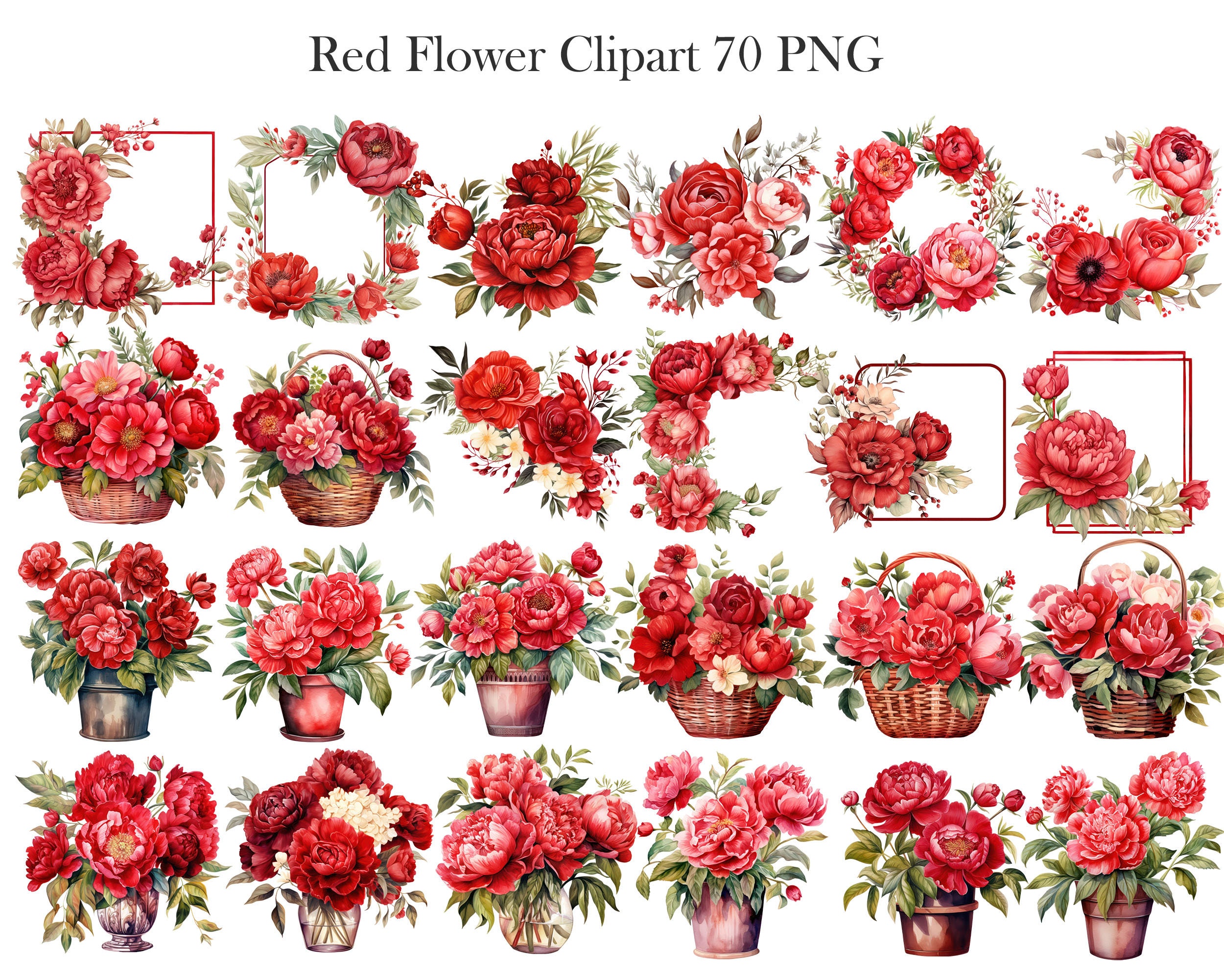 Red Flower PNG, Watercolor Red Floral Clipart Bundle, Wedding Bouquet ...