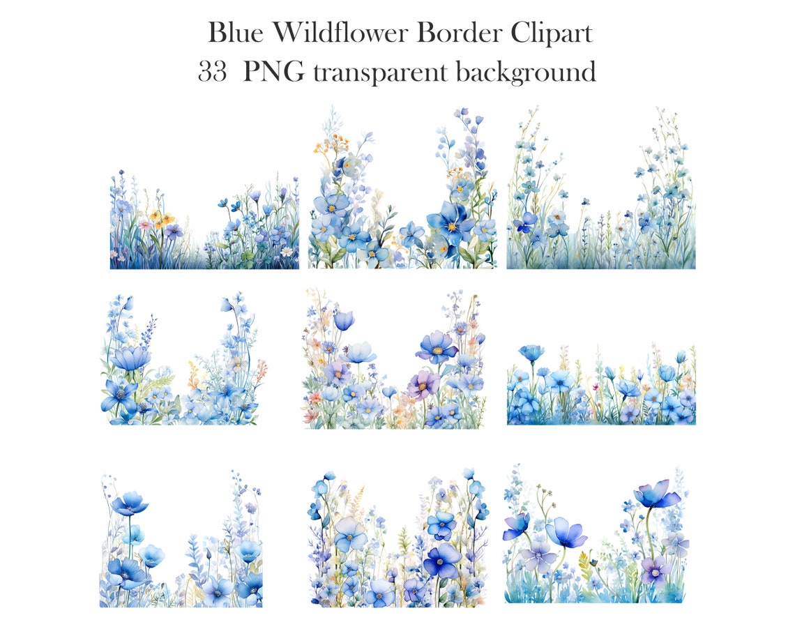 Blue Wildflower Border Clipart, Watercolor Floral Clipart, Flower ...