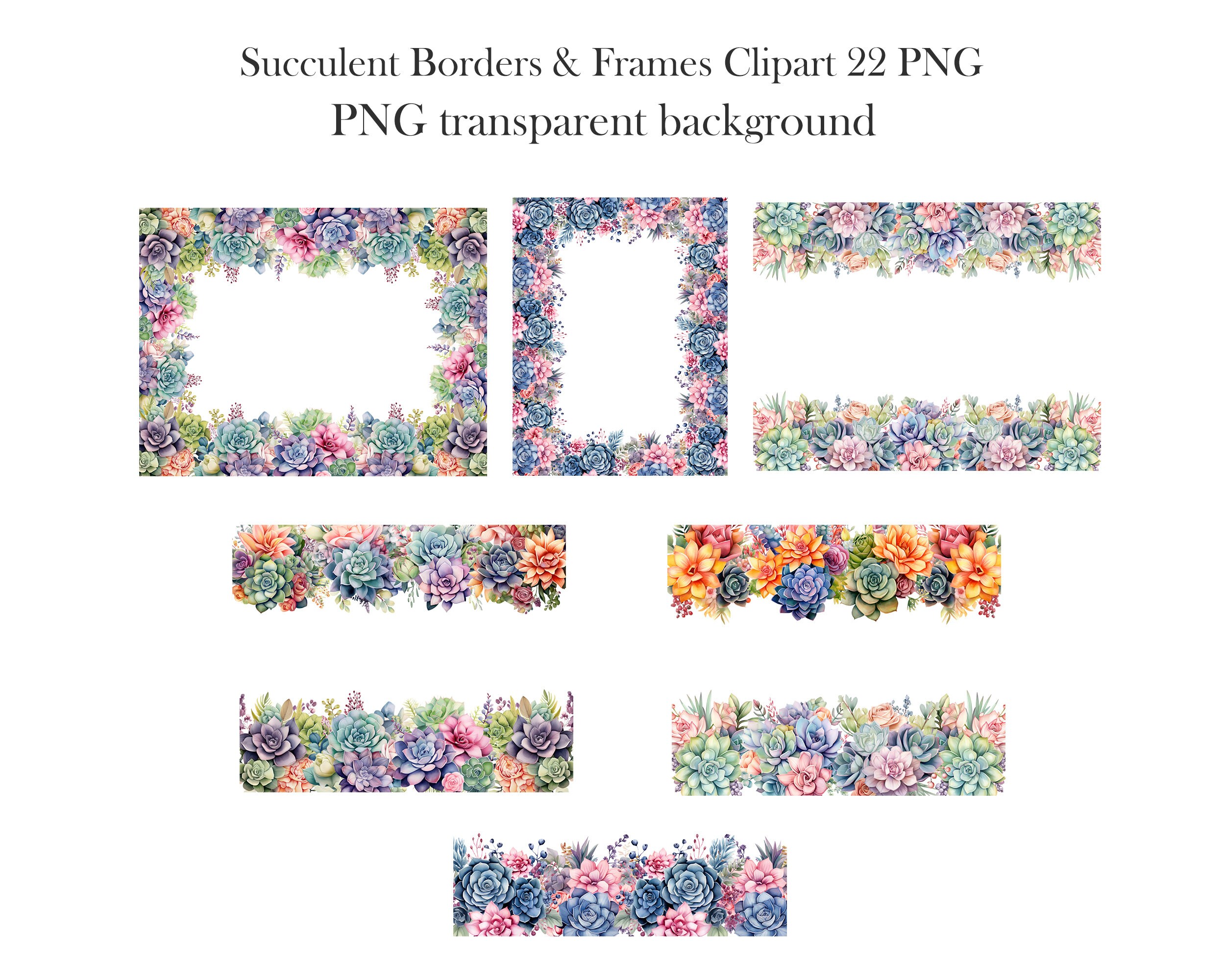 Succulent Border Clipart, Watercolor Succulent PNG Bundle, Succulent ...