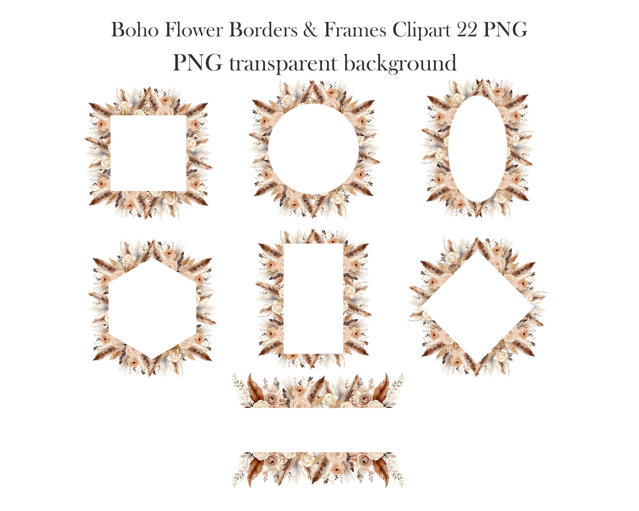 Boho Flower Border Clipart, Watercolor Boho Floral PNG, Flower Frame ...