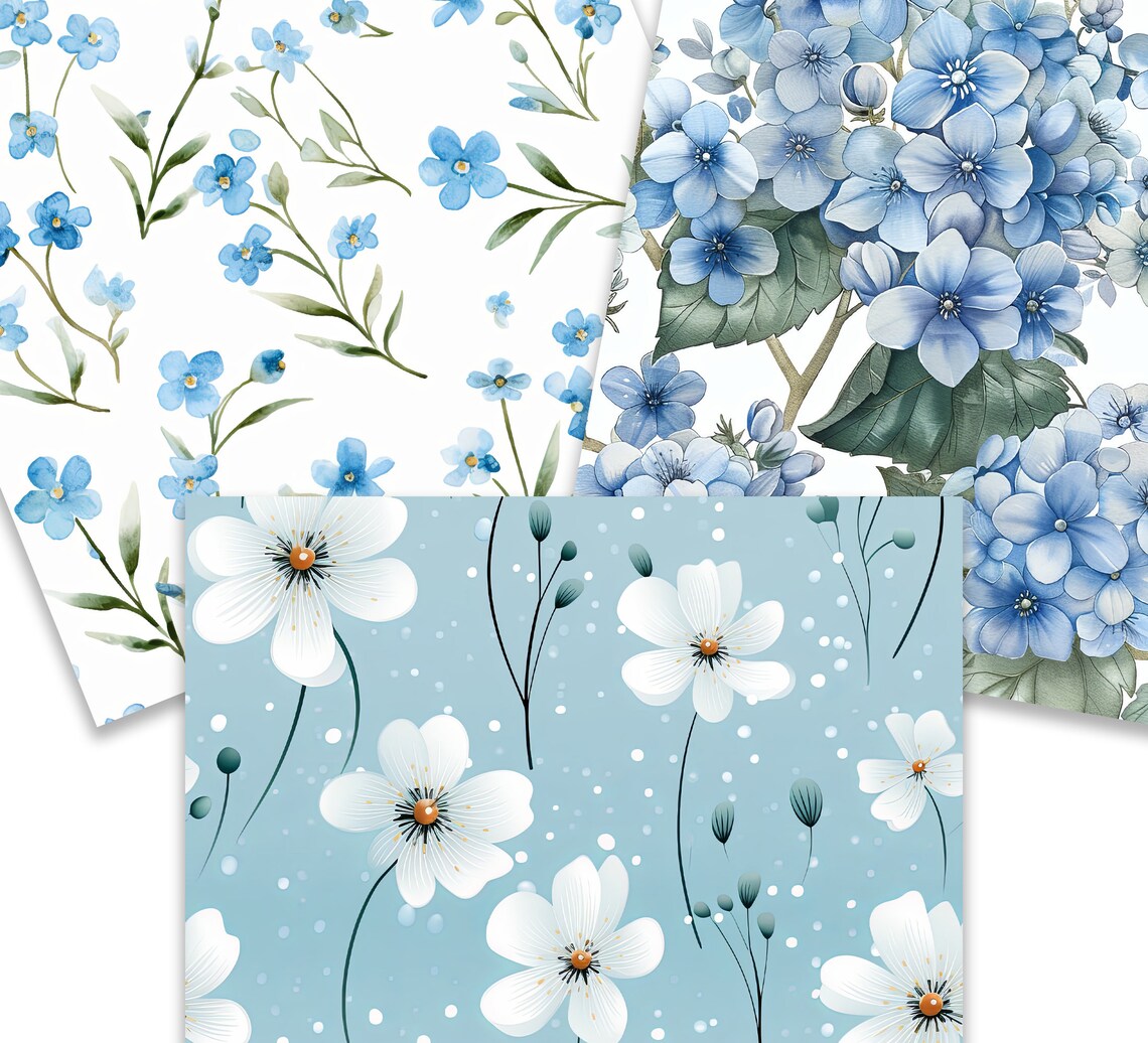 Blue Flower Digital Paper, Watercolor Floral Background, Scrapbook ...