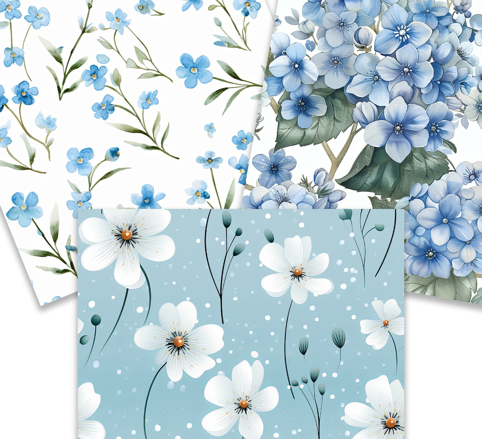 Blue Flower Digital Paper, Watercolor Floral Background, Scrapbook ...