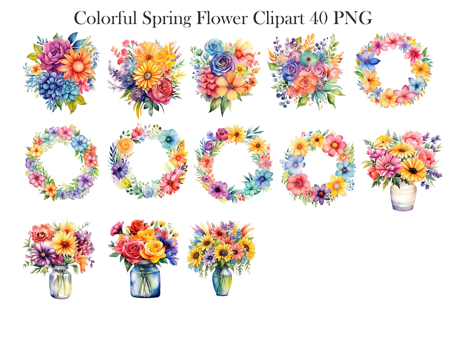 Colorful Spring Flower Clipart, Watercolor Flower PNG, Floral Bouquet ...