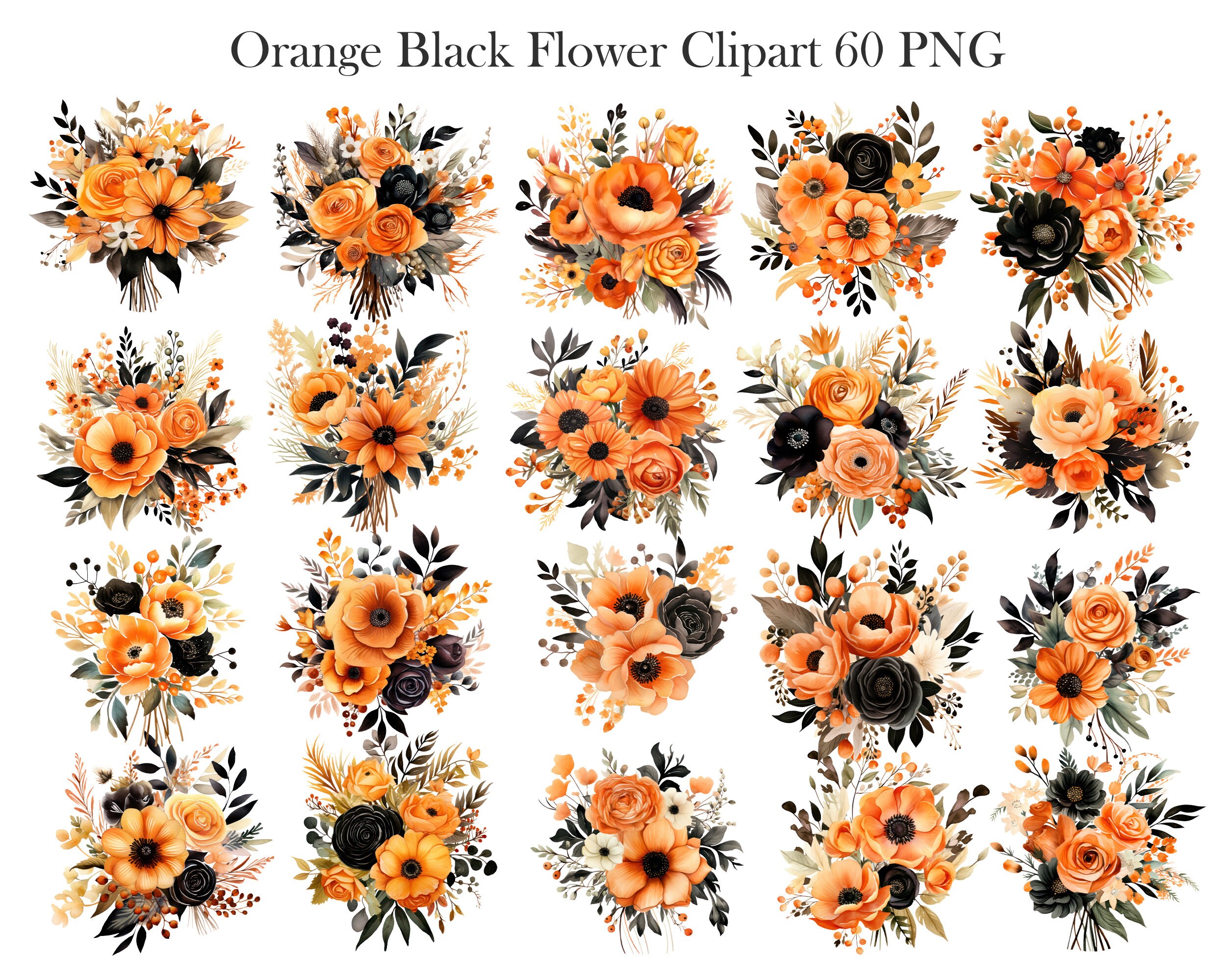 Orange Black Flower PNG, Watercolor Orange Floral Clipart, Bouquet ...