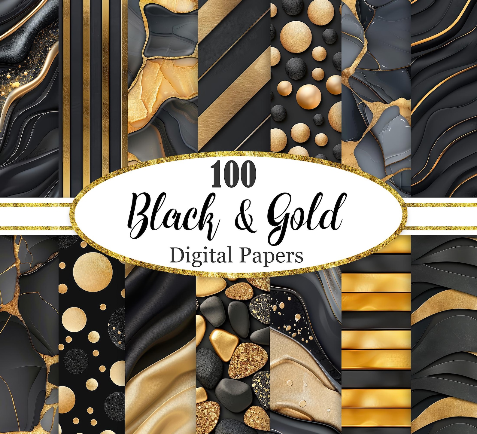 Black and Gold Digital Paper, Black Background Bundle, Gold Texture ...