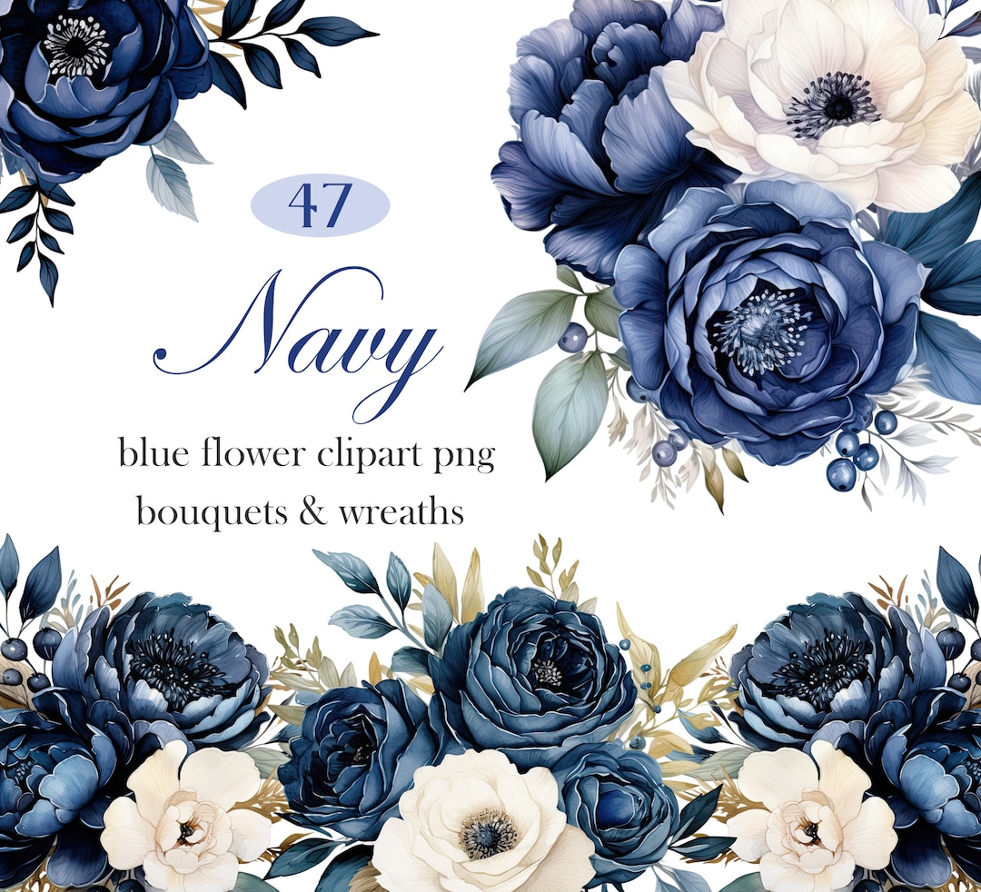 Navy Blue Flower Clipart, Watercolor Blue Floral PNG, Wedding Flower ...