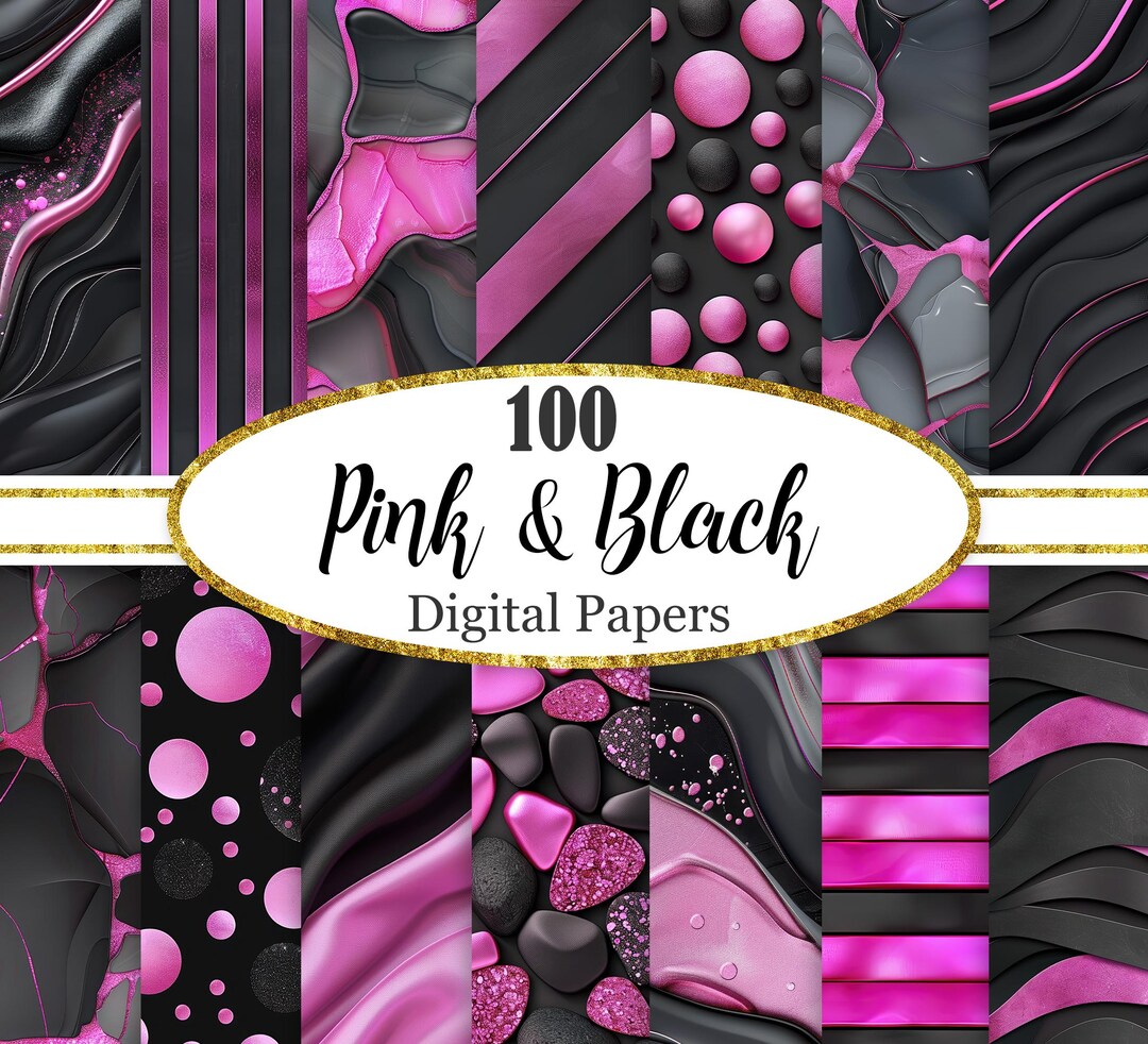 Pink and Black Digital Paper, Black Background Bundle, Pink Texture ...