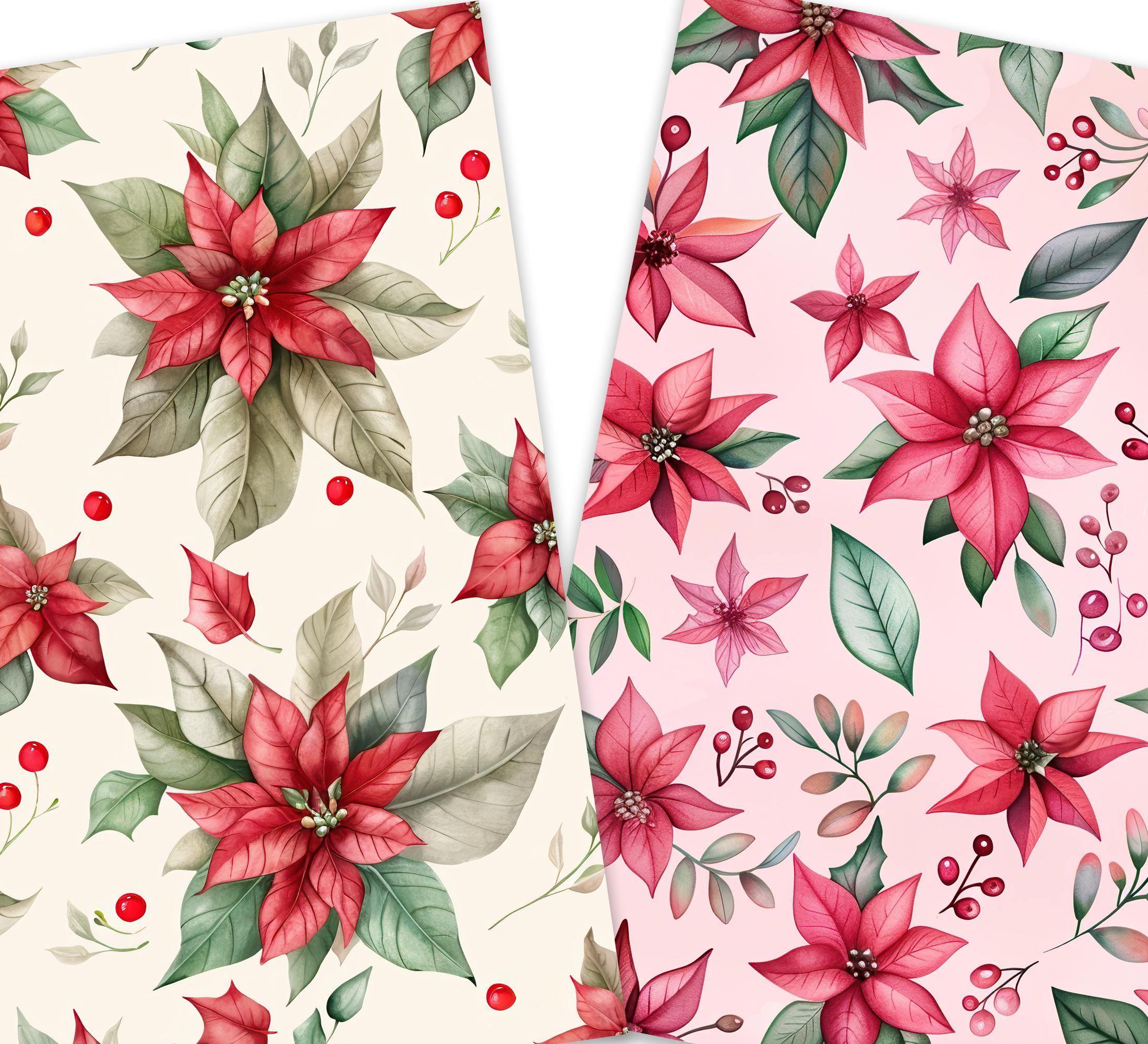 Christmas Flower Digital Paper, Christmas Background Bundle, Poinsettia ...