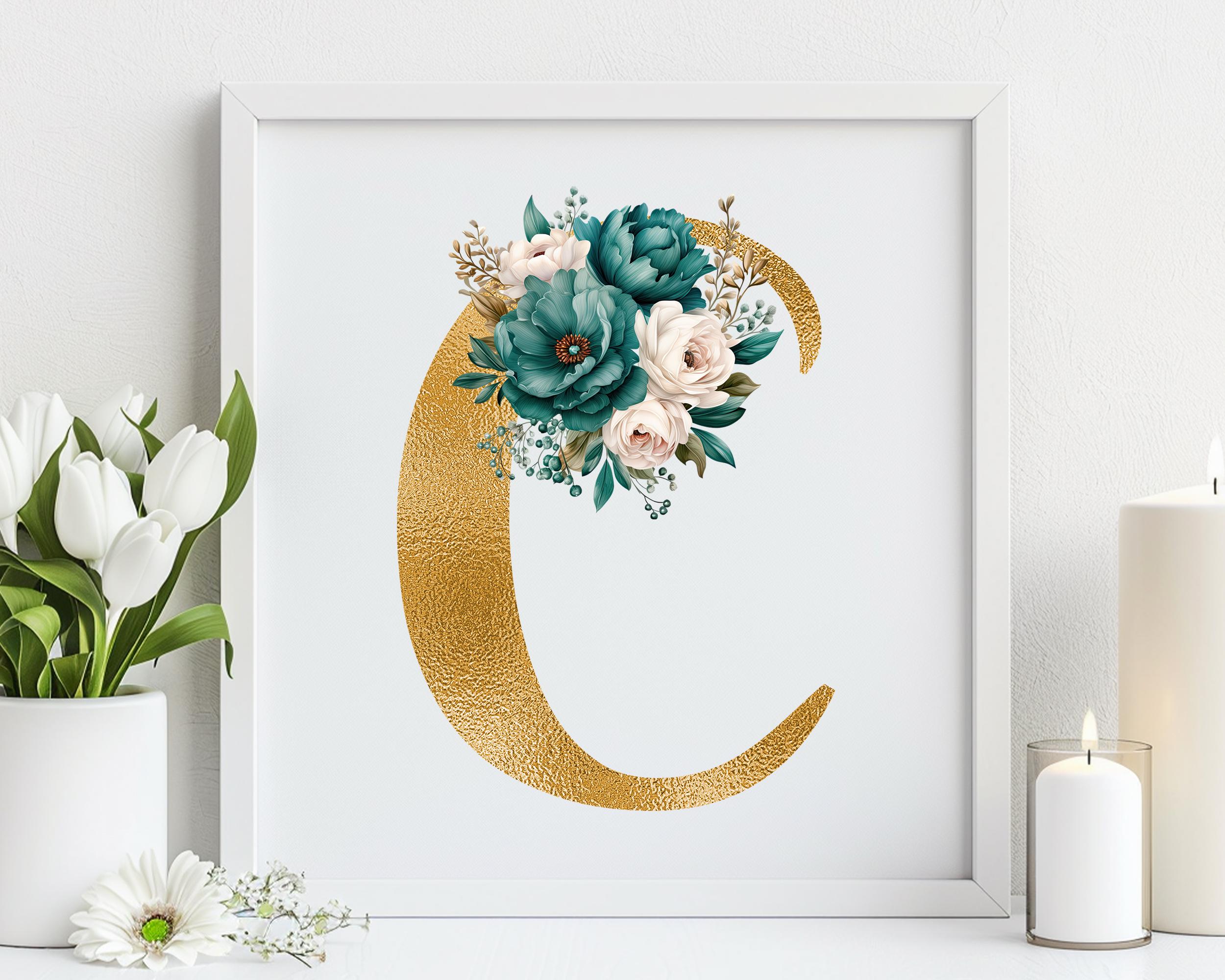 Teal Green Floral Alphabet PNG, Flower Alphabet Clipart, Gold Letters ...