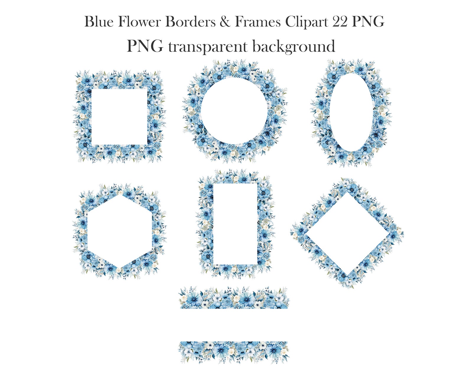 Blue Flower Border Clipart, Watercolor Blue Floral PNG, Flower Frame ...