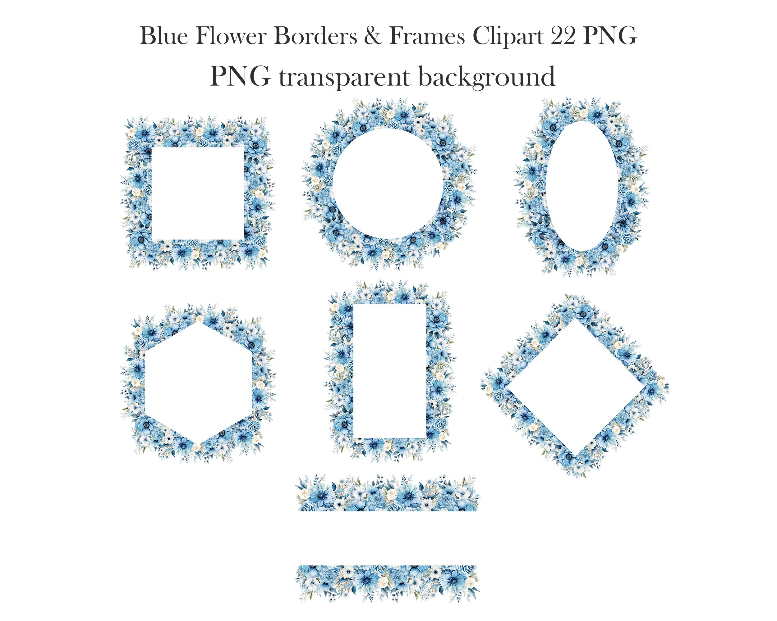 Blue Flower Border Clipart, Watercolor Blue Floral PNG, Flower Frame ...